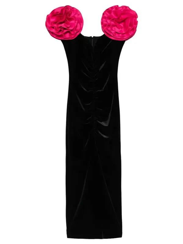 NISSA Floral-detail Velvet Midi Dress - Black