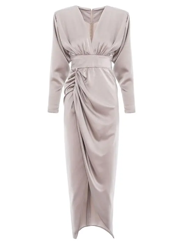 BLUZAT Long Sleeve Wrap Dress With Draping - Silver
