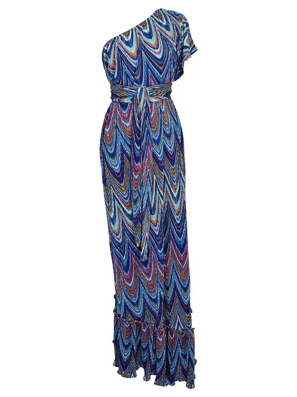 JENNAFER GRACE Hallucinogen Plume One Shoulder Maxi Dress - Blue