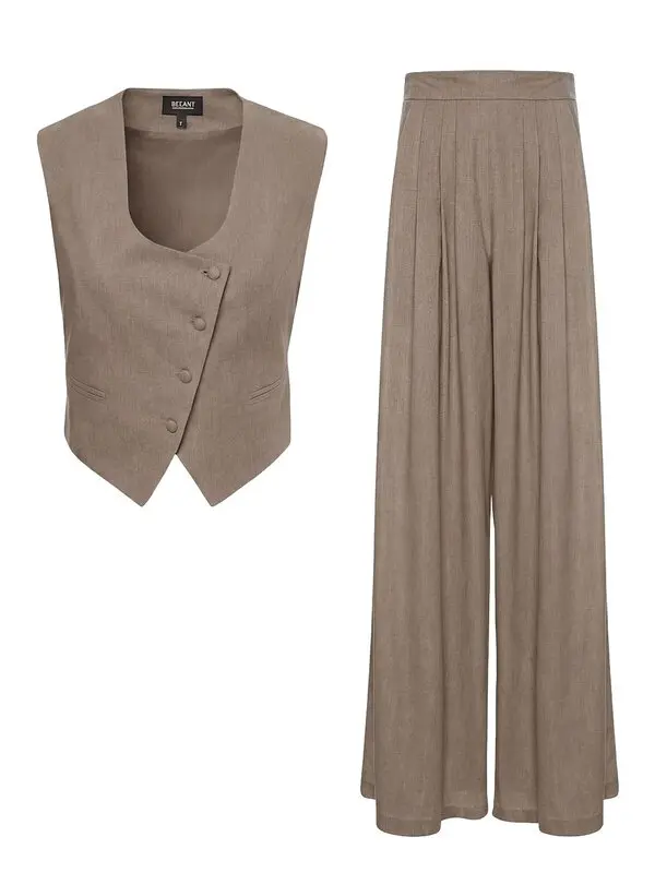 BLUZAT Linen Vest And Wide-leg Trousers Set - Grey