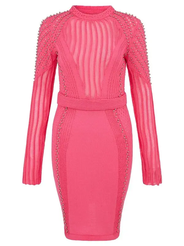 SOUR FIGS Studded Sheer Knit Mini Jumper Dress - Pink