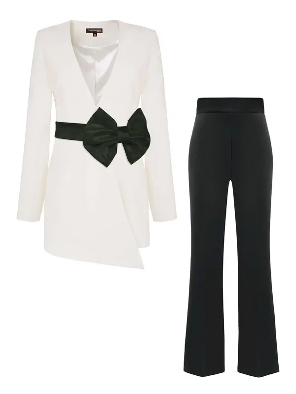 TIA DORRAINE Stretch Crêpe Power Suit With Satin Bow Belt - Black/white