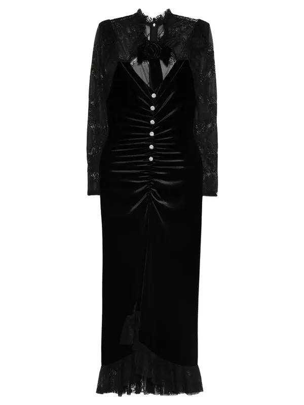 NISSA Crystal-detail Velvet Midi Dress - Black