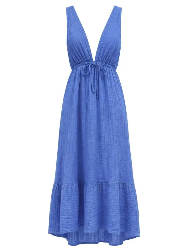 Haris Cotton Maxi Dress With V Neck - Blue