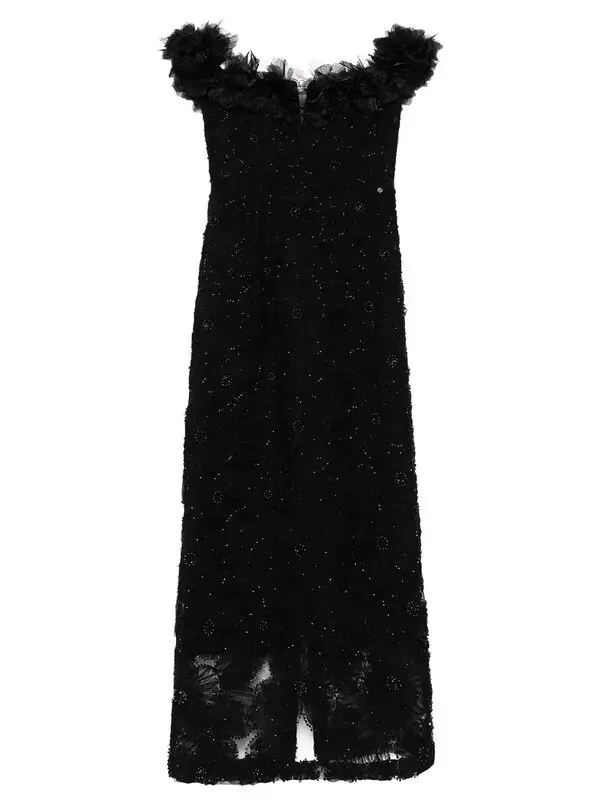 NISSA Floral-detail Lace Midi Dress - Black