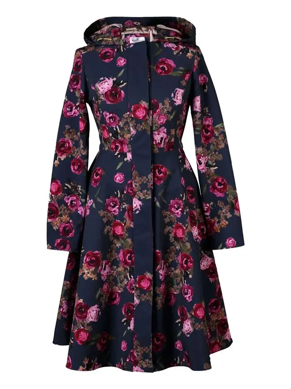RAINSISTERS Fitted And Flared Floral Print Coat With Hood - Blue/purple