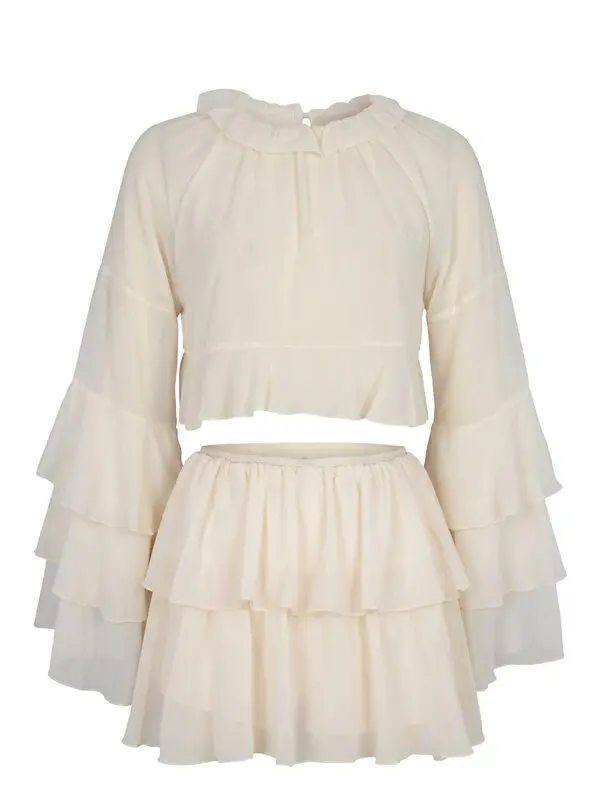 MODENAIRE Tiered Ruffle Skirt And Blouse Set - White