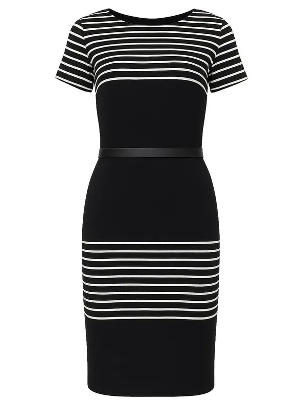 CONQUISTA Striped Midi Dress With Faux Leather Detail - Black