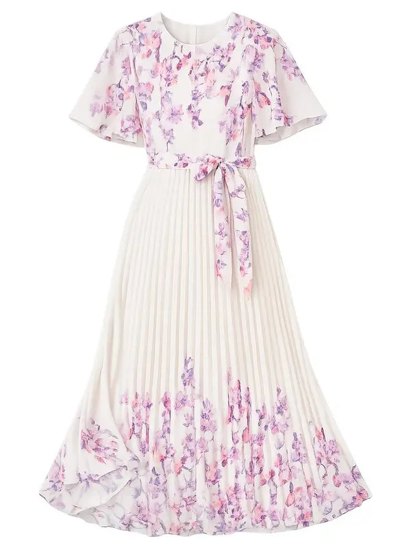 YUMI Floral Mirror Pleated Midi Dress - White