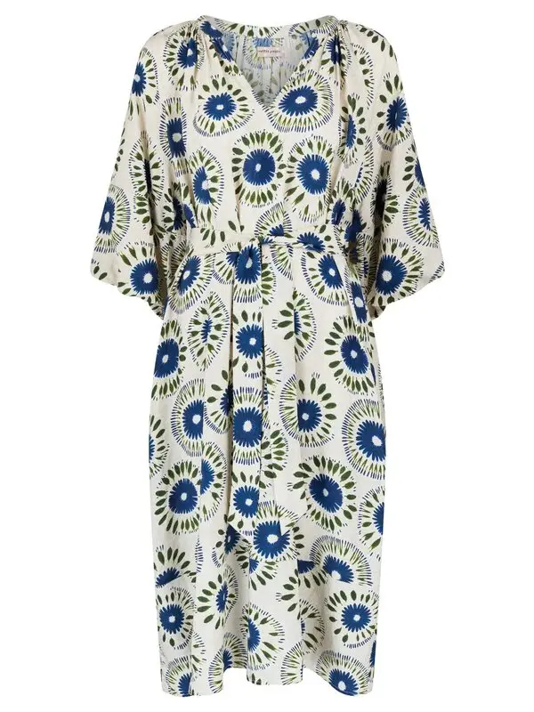 TRAFFIC PEOPLE Midi Dress With Balloon Sleeves And V-neckline - Blue/white