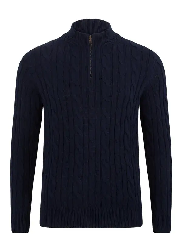 PAUL JAMES KNITWEAR Midweight Cotton Cable Knit Quarter Zip Jumper - Blue