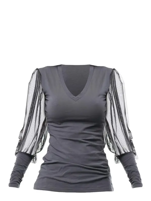 METAMORPHOZA V-neck Top With Tulle Bishop Sleeves - Grey