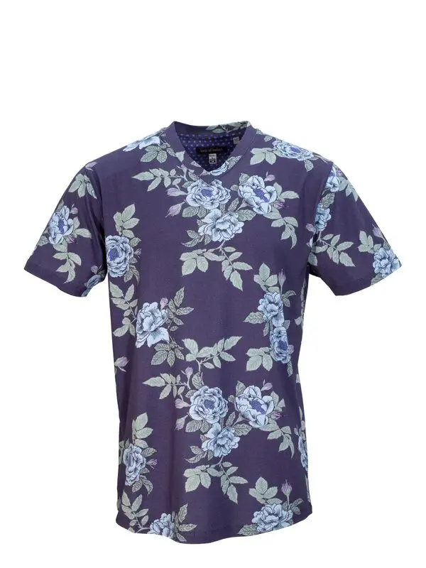 LORDS OF HARLECH Maze Floating Forna V-neck Tee In Skipper - Blue