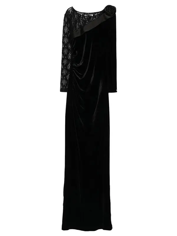 NISSA Lace-trim Velvet Maxi Dress - Black