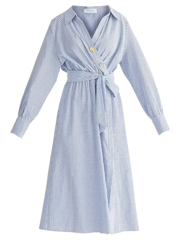 PAISIE Striped Wrap Midi Shirt Dress With Metallic Button Detail - Blue