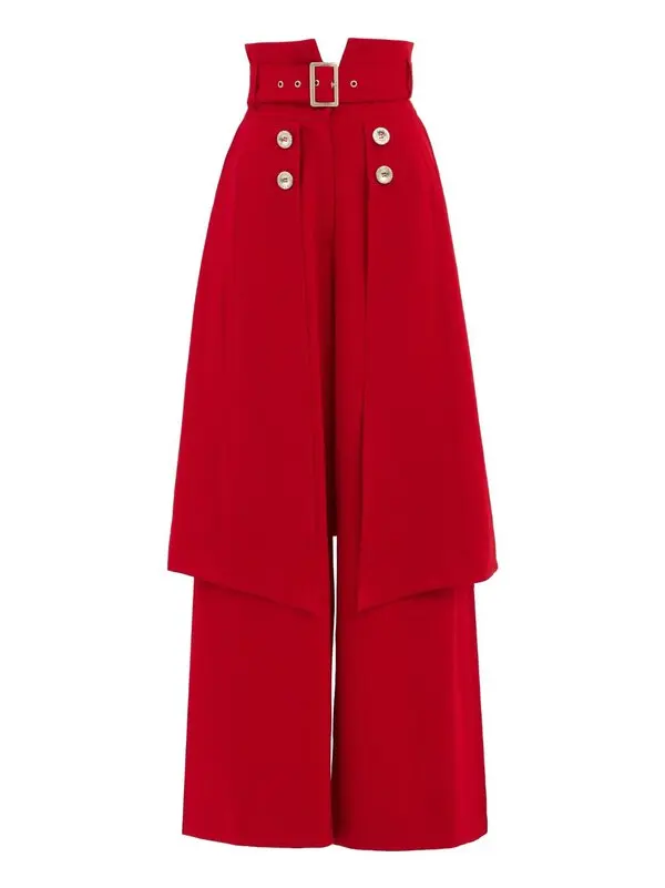 JULIA ALLERT Wide Leg Trousers With Asymmetrical Skirt Overlay And Belt - Red