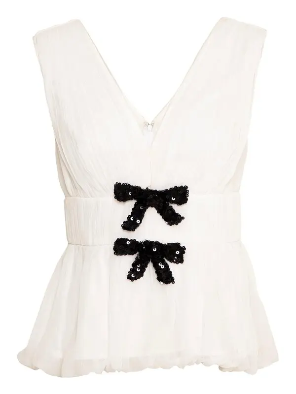 ROSE & NANCY Anais Sleeveless Embellished Bow Top - White