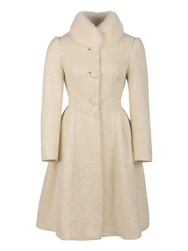 SANTINNI Starlet Wool Tweed Dress Coat With Faux Fur - White