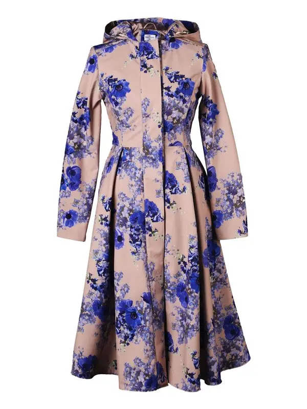 RAINSISTERS Floral Print Hooded Trench Coat - Blue