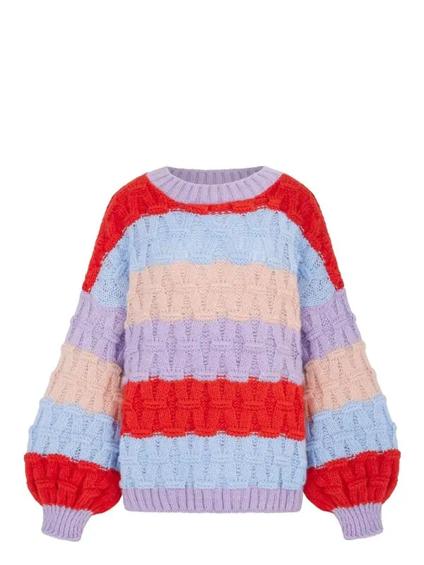 CARA & THE SKY Mandy Criss-cross Stitch Balloon Sleeve Stripe Jumper - Orange/blue/purple