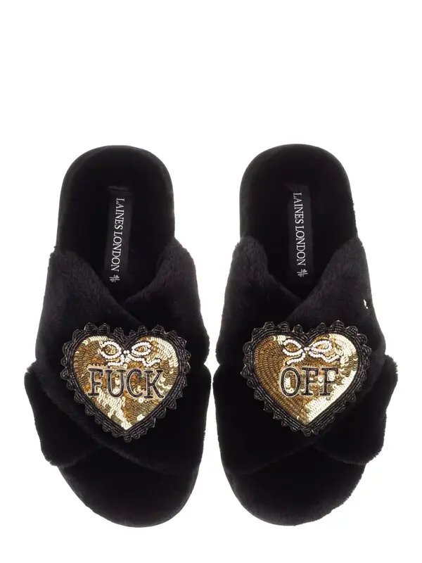 LAINES LONDON Classic Slippers With Brooches - Black