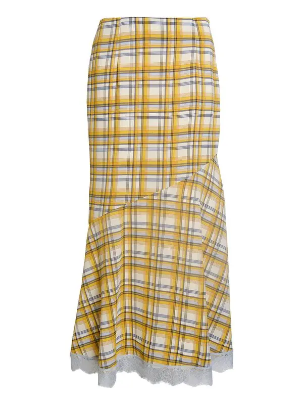 AMY LYNN Plaid Asymmetrical Lace Trim Midi Skirt - Yellow