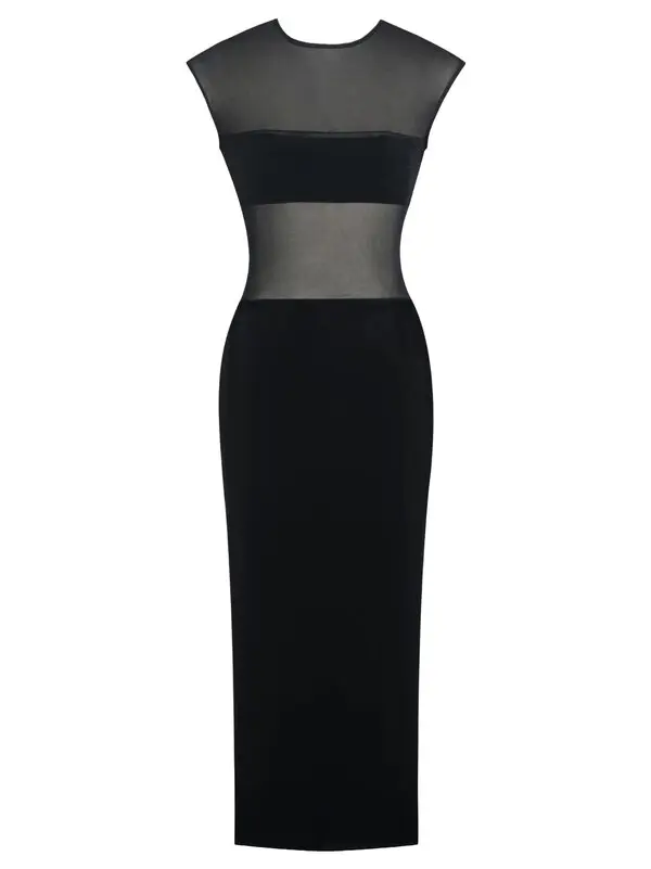 MISS CIRCLE NEW YORK Mesh & Velvet Midi Bodycon Dress - Black