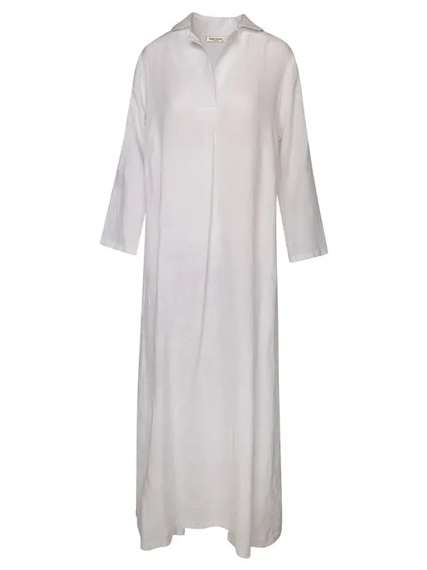 Haris Cotton Maxi Linen Dress With Pleat And Lapels - White