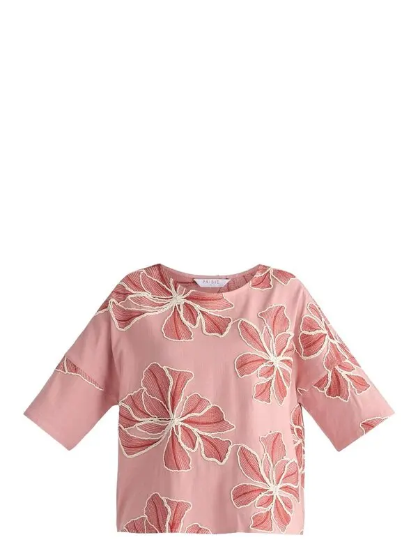 PAISIE Relaxed Fit Floral Embroidered Top - Pink