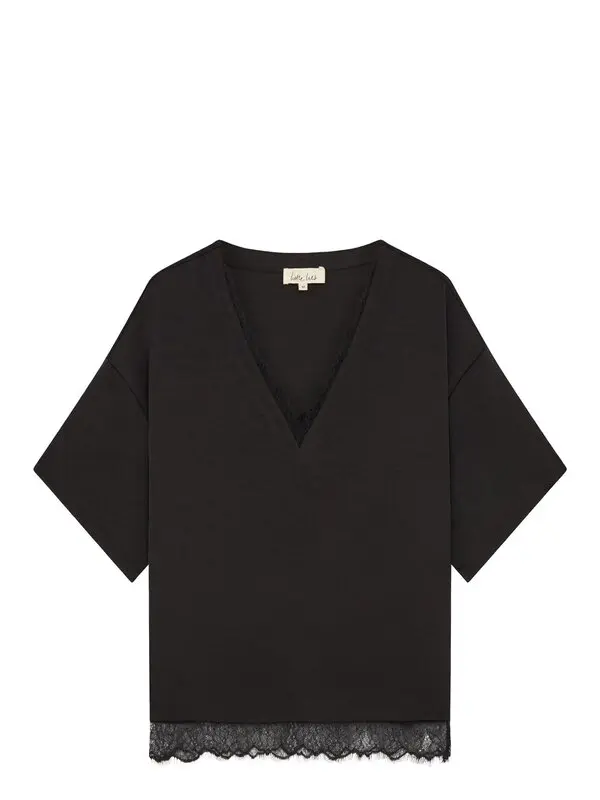 LITTLE LIES Roxy Lace Trim Satin Tee - Black