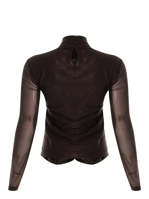 EXQUISE Draped Mesh Turtleneck Blouse - Brown