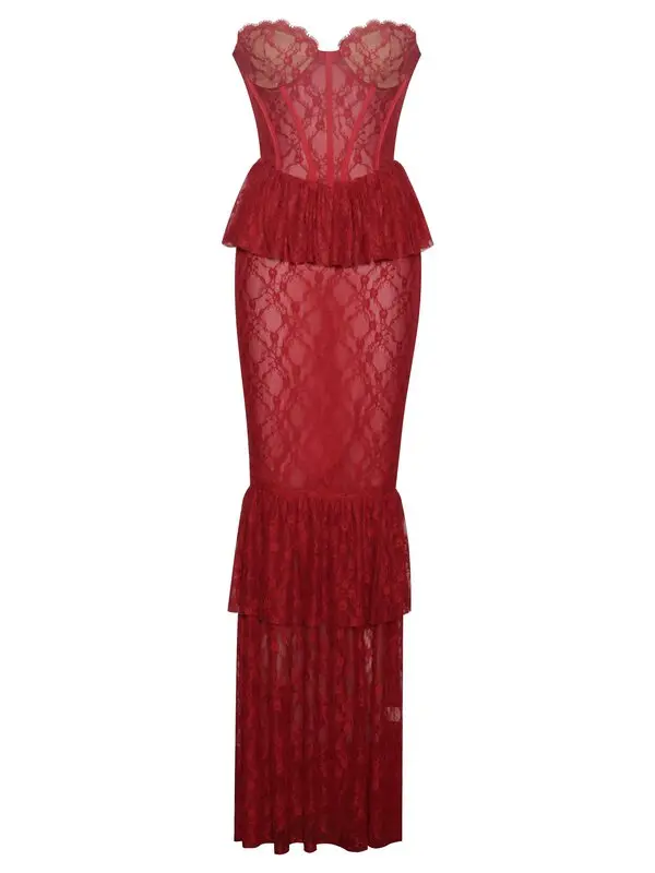 MISS CIRCLE NEW YORK Quennell Lace Corset Maxi Dress - Red