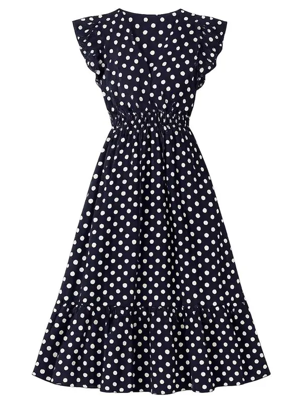 YUMI Polka Dot Ruched Waist Midi Dress - Blue