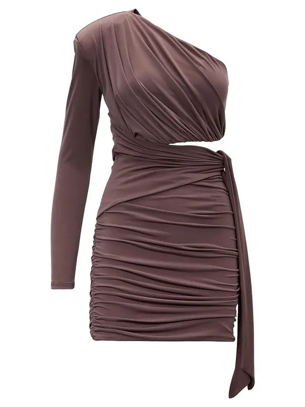 BLUZAT Asymmetrical Mini Dress With Scarf - Brown