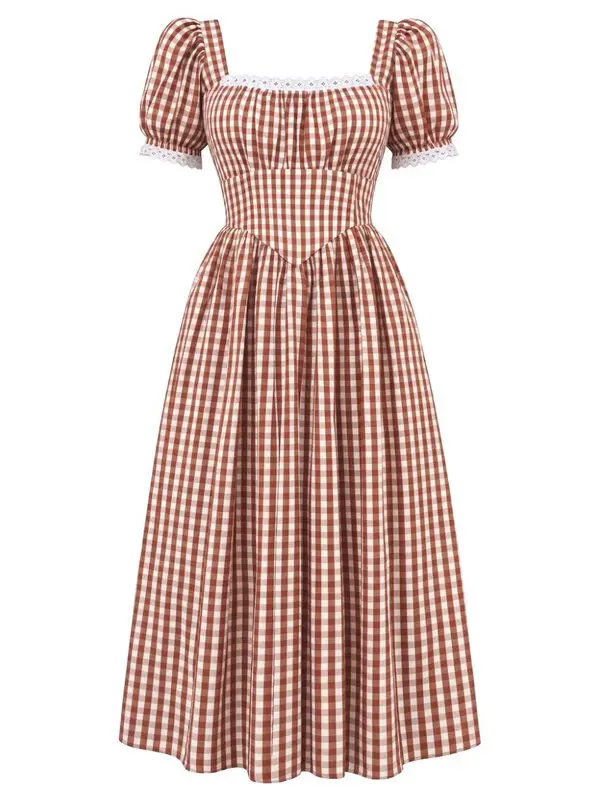 ECHO OF PINK Solene Gingham Hand Block Print Cotton Midi Dress - Brown