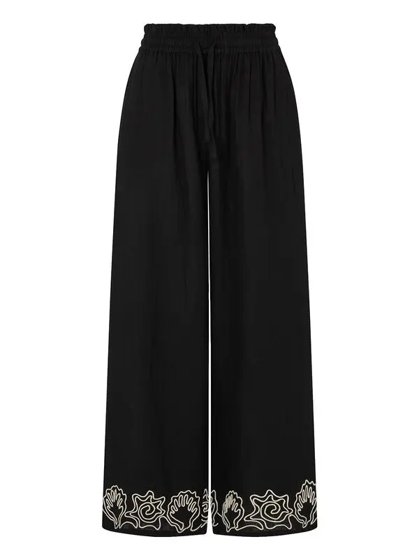 RAFFYA Milly Wide Leg Embroidered Trousers - Black