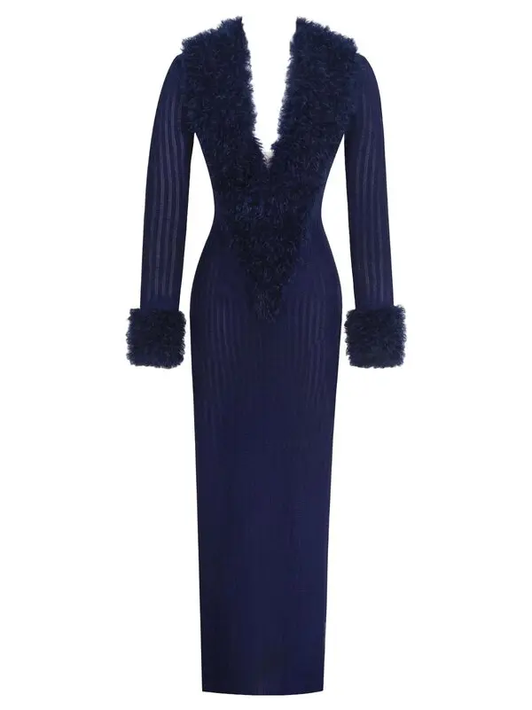 MISS CIRCLE NEW YORK Plunging Fur Trimmed Crochet Maxi Dress - Blue