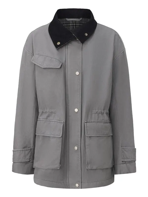 FRONT ROW SHOP Washed Field Jacket With Corduroy Collar And Check Lining - Grey