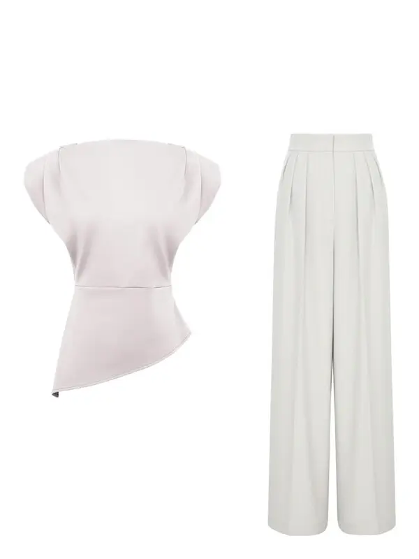 BLUZAT Structured Shoulder Top And Palazzo Pants Set - Grey
