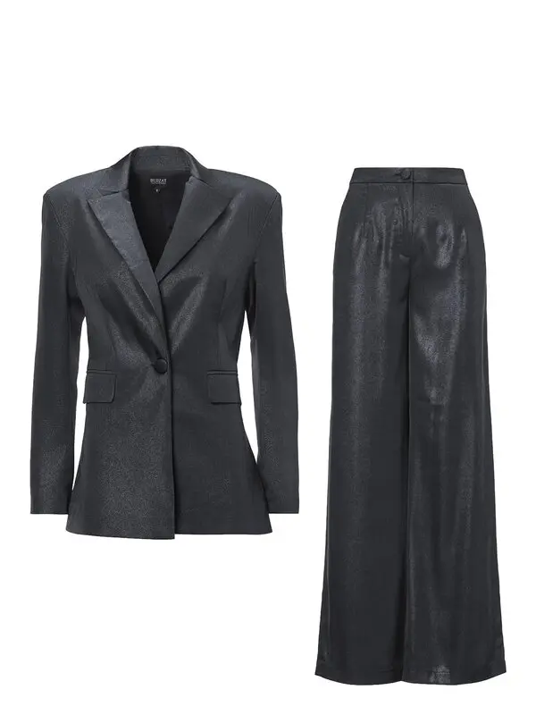 BLUZAT Shimmery Suit With Blazer And Wide Leg Trousers - Black