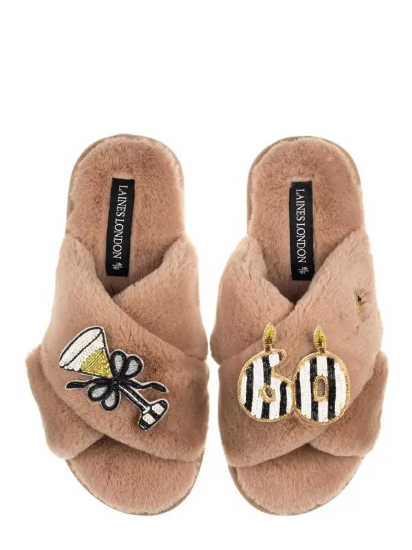 LAINES LONDON Classic Laines Slippers With Stripe 60th Birthday & Glass Of Champagne Brooches Toffee - Brown