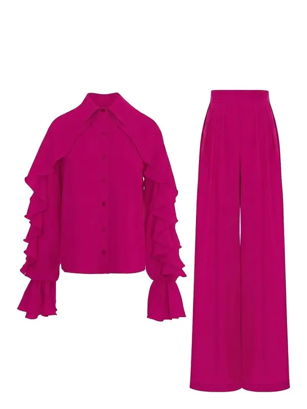 BLUZAT Ruffled Shirt And Wide Leg Trousers Set - Pink