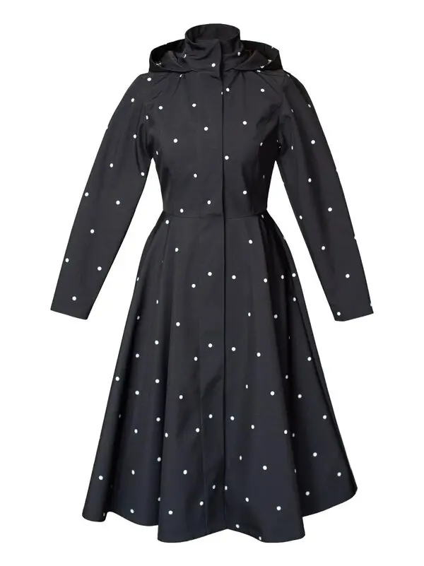 RAINSISTERS Fitted & Flared Polka Dot Coat With Detachable Hood - Black