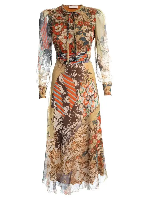 SOFIA TSERETELI Patterned Crepon Silk Long Dress - Brown