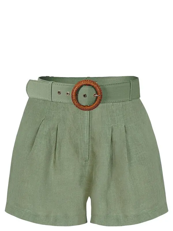 MONLICIA Linen High-rise Short With Belt - Green