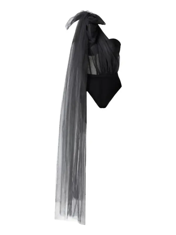 LIA ARAM Asymmetric Corset Bodysuit With Tulle Scarves - Black