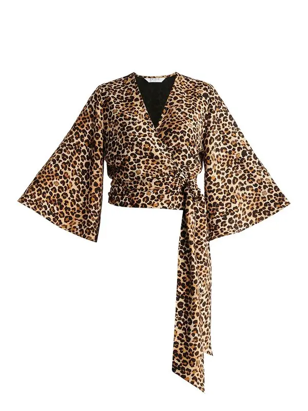 PAISIE Leopard Print Kimono Wrap Blouse - Brown