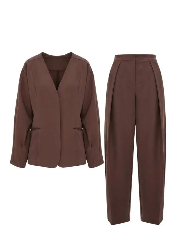 BLUZAT Elegant Blazer And Trouser Set - Brown