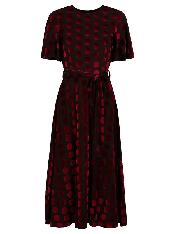 YUMI Velour Spot Midi Skater Dress - Red