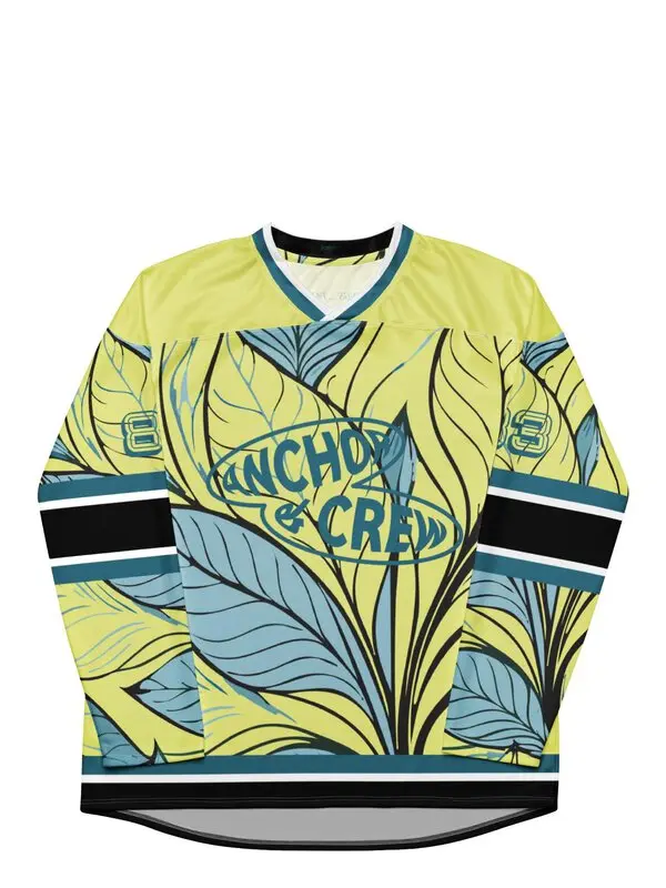 ANCHOR & CREW Exotic Leaves Pattern Recycled Fabric Hockey Jersey - Blue/yellow